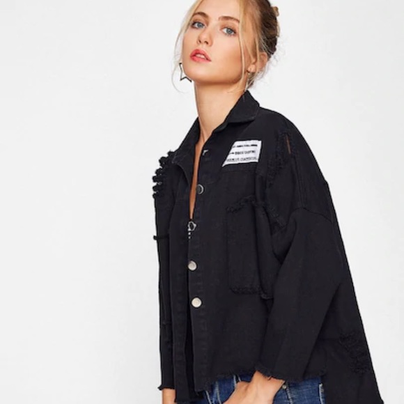 SHEIN | Jackets & Coats | Drop Shoulder Patch Back Black Denim | Poshmark